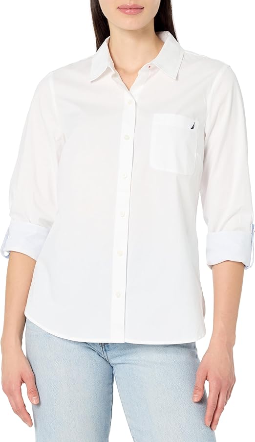 Nautica Women's Button Front Long Sleeve Roll Tab Shirt - Sithimy.com