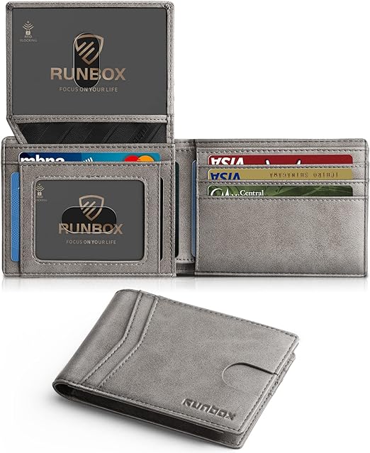 RUNBOX Men's Wallets Slim Rfid Leather 2 ID Window With Gift Box ...