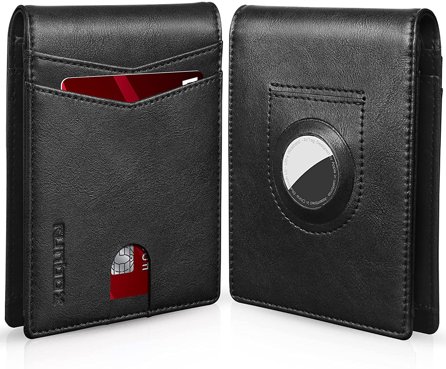 RUNBOX Men's AirTag Slim Bifold Leather Large Capacity RFID Blocking ...