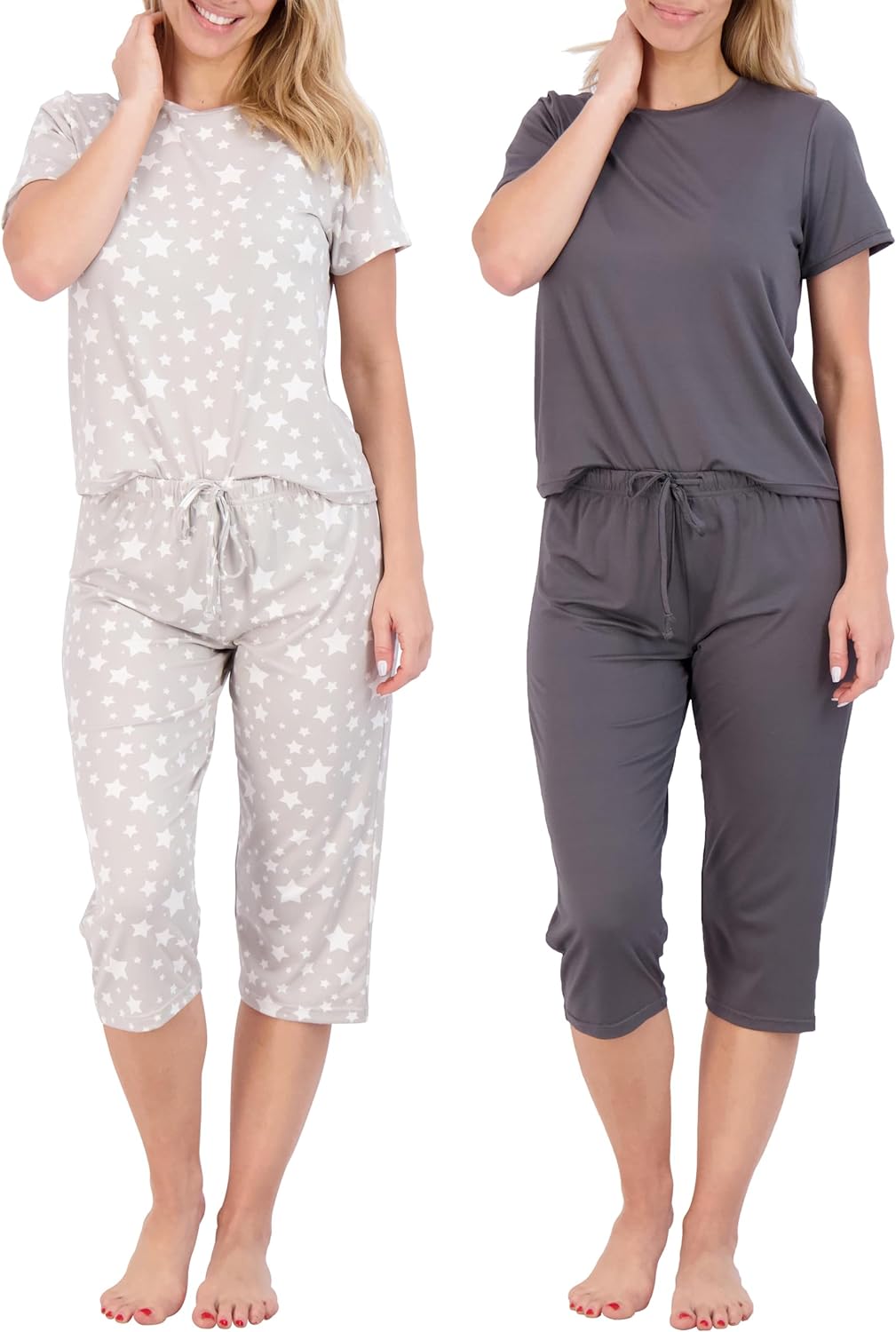 Real Essentials 2 Pack: Womens Short-Sleeve PJ Top with Capri Pants ...