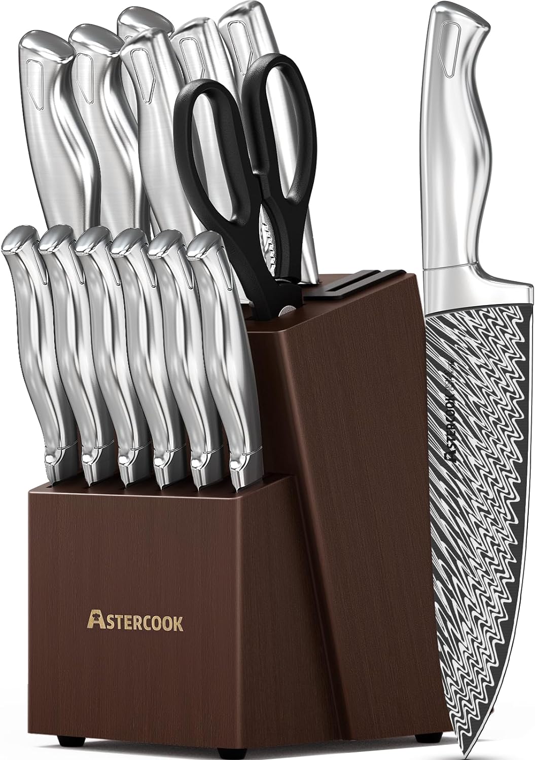 Astercook Knife Set, 12-15 Pieces Kitchen Knife Block Set with Built in ...