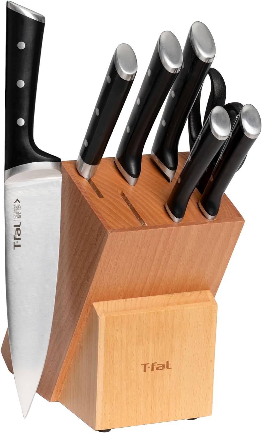 T-fal Ice Force German Stainless Steel Kitchen Knife Set and Wood Block ...